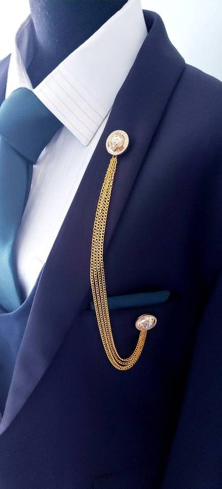 Elegant Lion Lapel Pin with Gold Chains | Adrian's Ties and More